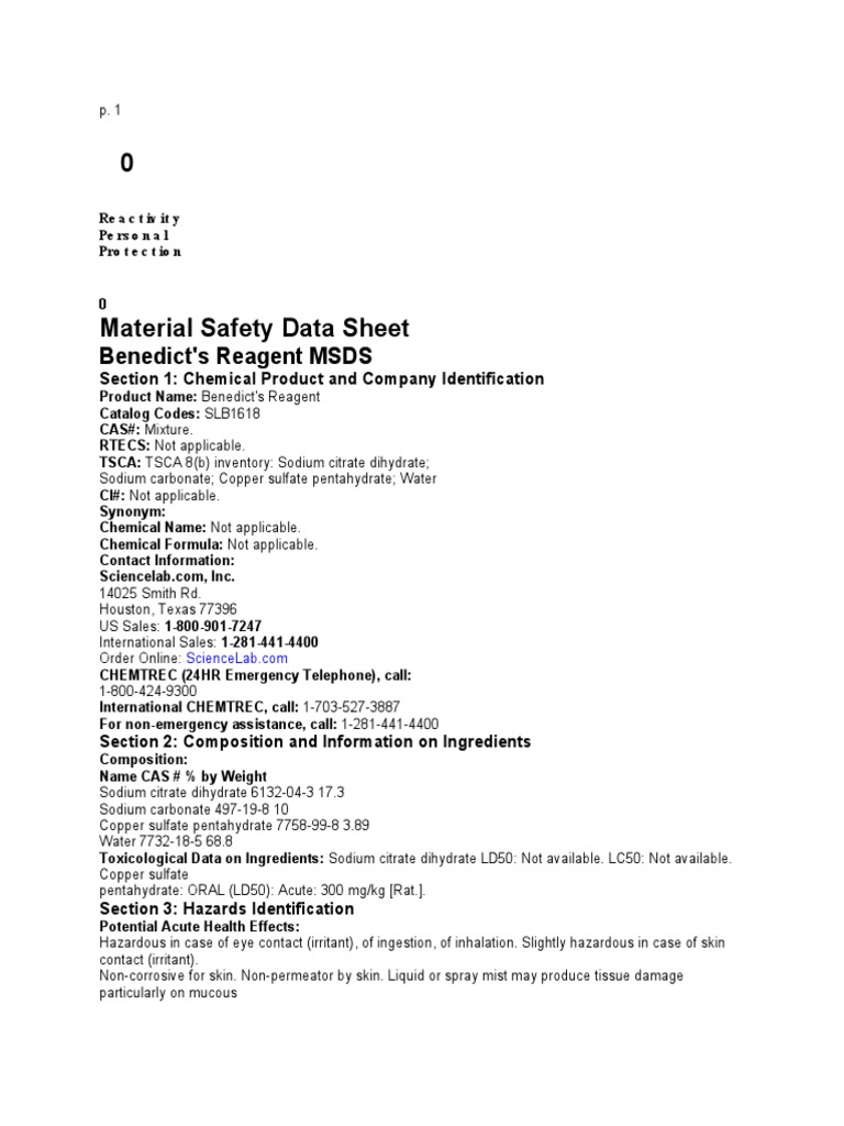 Benedict's Reagent MSDS: Section 1: Chemical Product and Company ...