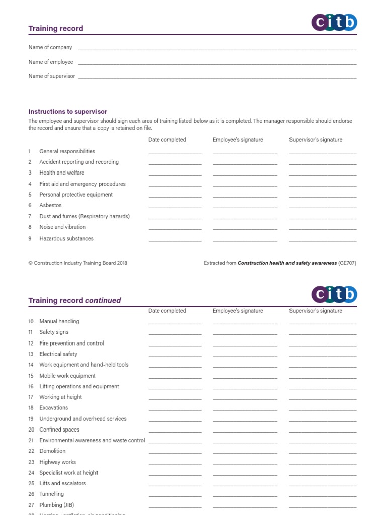 Training Record: Instructions To Supervisor | PDF | Occupational Safety ...