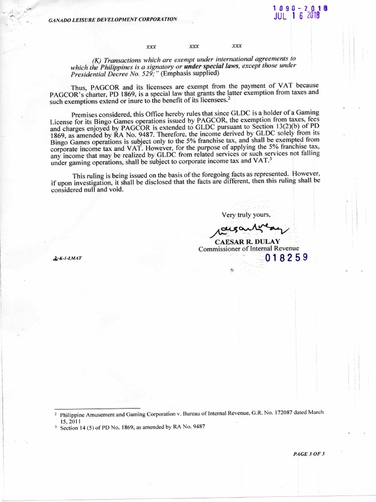 BIR Ruling On Exemption of Bingo Operations As PAGCOR Franchisee | PDF