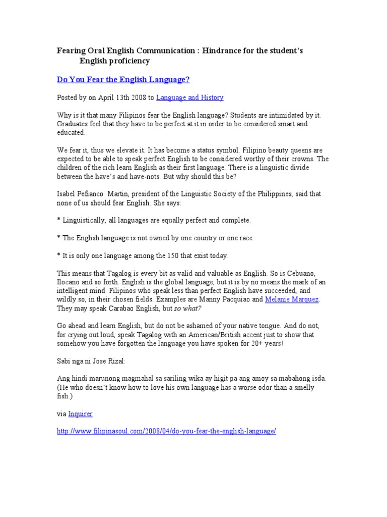 Overcoming Fear of English in the Philippines | PDF | English Language ...