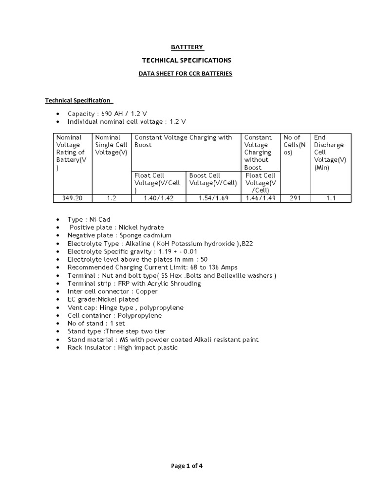 Technical Specifications Data Sheet For CCR Batteries: Batttery | PDF ...
