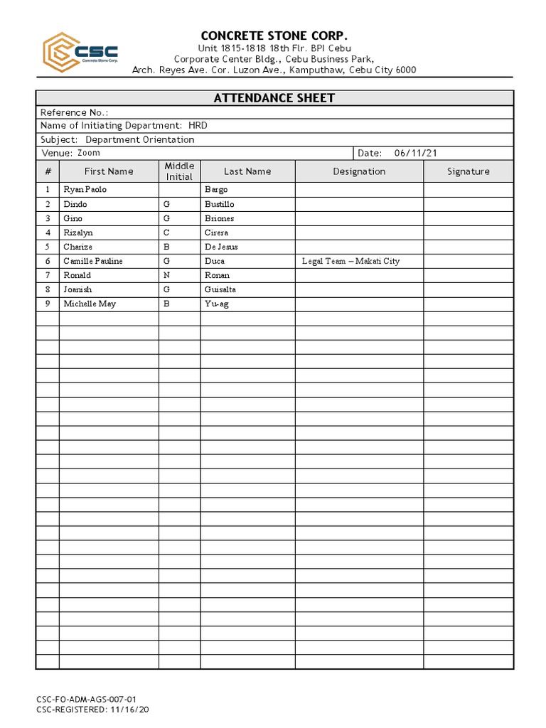 CSC FO ADM AGS 007 Attendance Sheet | PDF