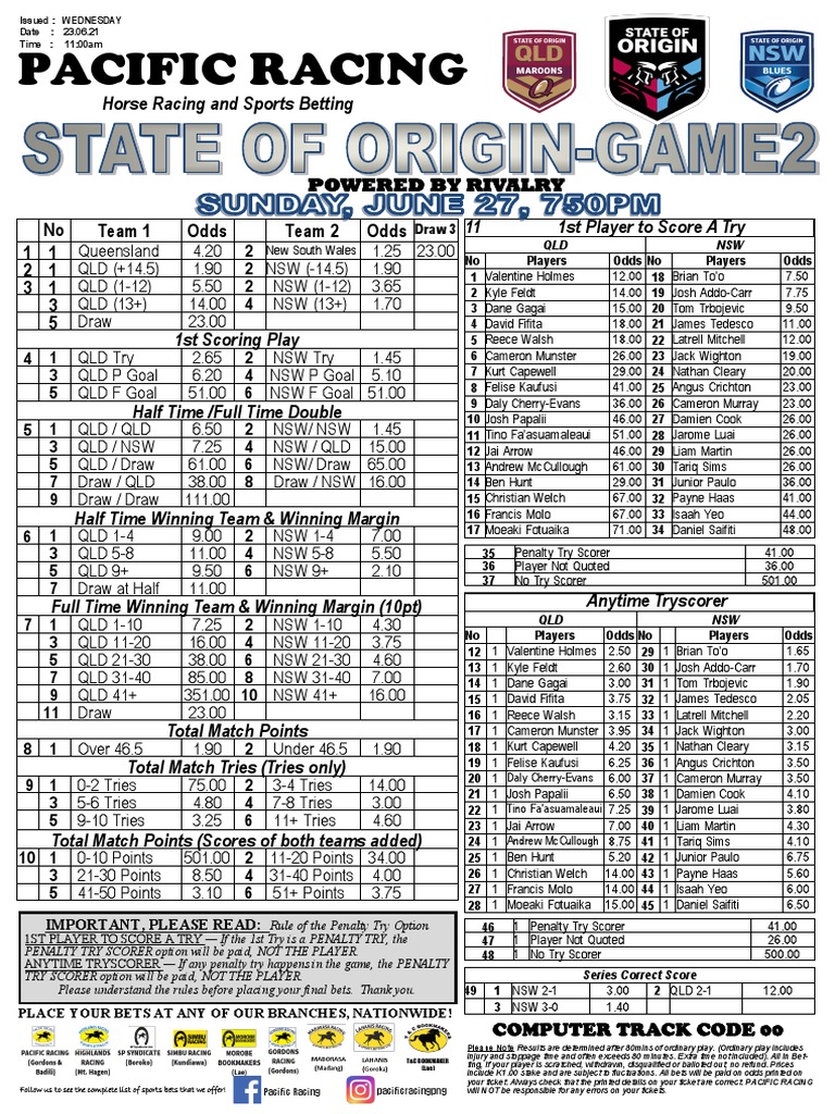 State of Origin Game2-Pacific Racing | PDF | Rugby League | Gambling