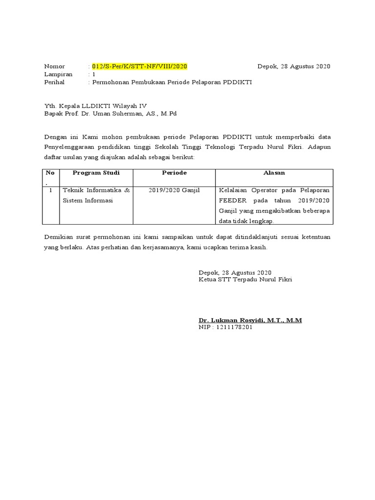 Format Surat Permohonanperbaikan Pelaporan Pddikti | PDF