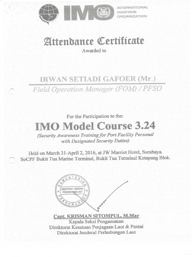 IMO Model Course Certificate - BTMT | PDF