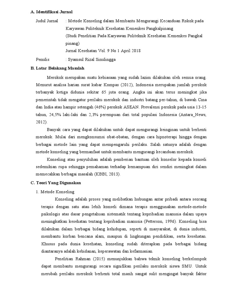 Review Jurnal Metode Konseling Kecanduan Rokok Karyawan Pangkalpinang | PDF