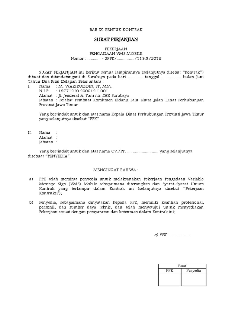 Surat Perjanjian: Paraf PPK Penyedia | PDF | Teknologi & Rekayasa