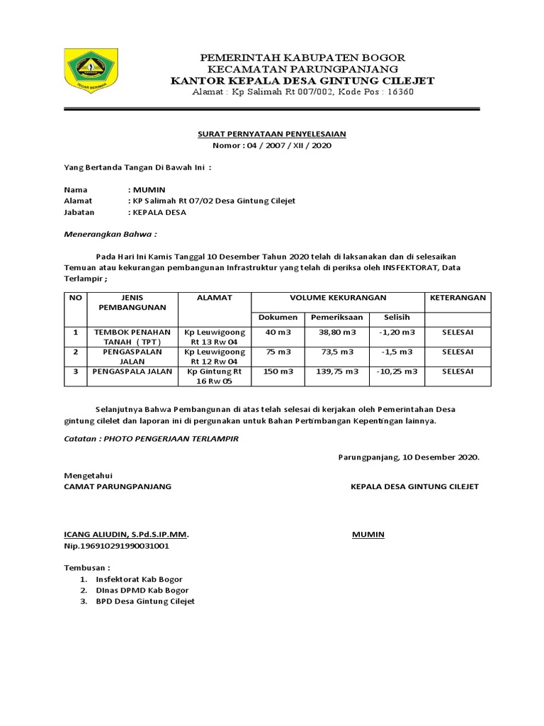 SURAT PERNYATAAN PENYELESAIAN INSFEKTORAT Atin | PDF | Griya & Taman