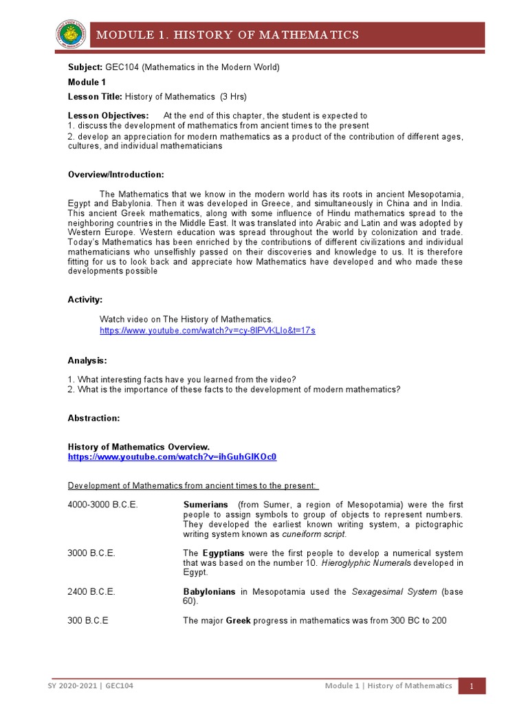 Module 1. History of Mathematics | PDF | Teaching Mathematics | Calculus