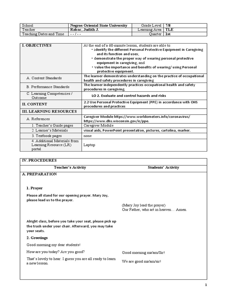 PT Lesson Plan (Caregiving | PDF | Personal Protective Equipment | Wellness
