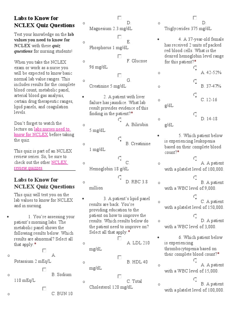 NCLEX Lab Values Quiz Guide | PDF | National Council Licensure ...