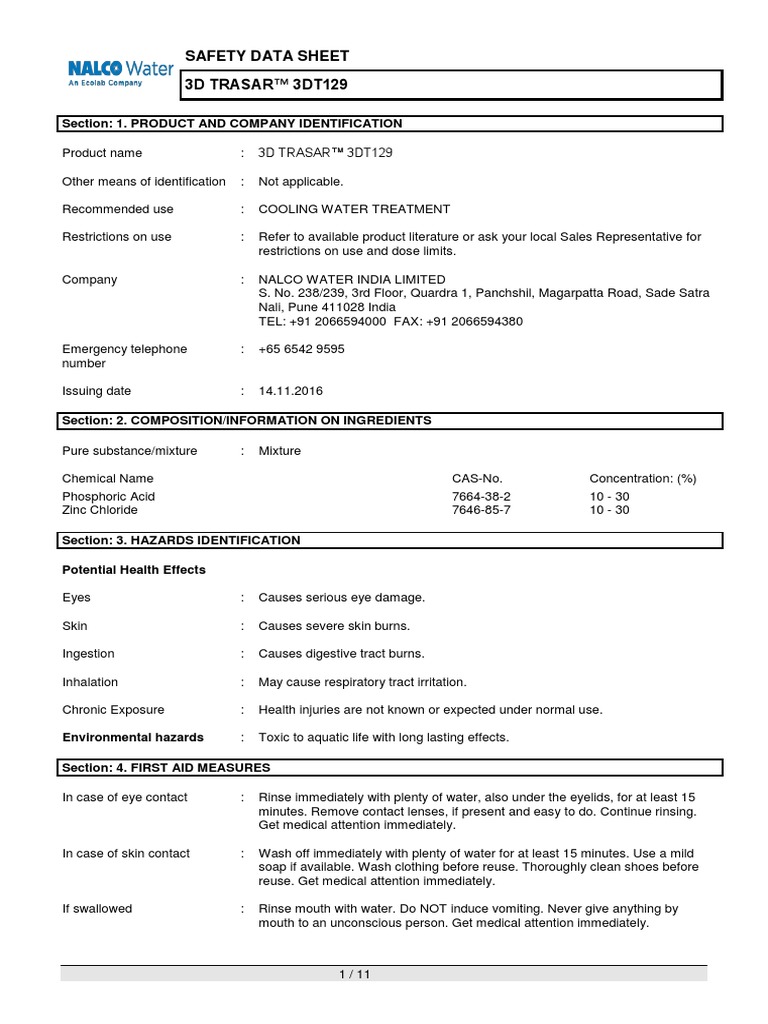 Safety Data Sheet 3D TRASAR™ 3DT129: Section: 1. Product and Company ...