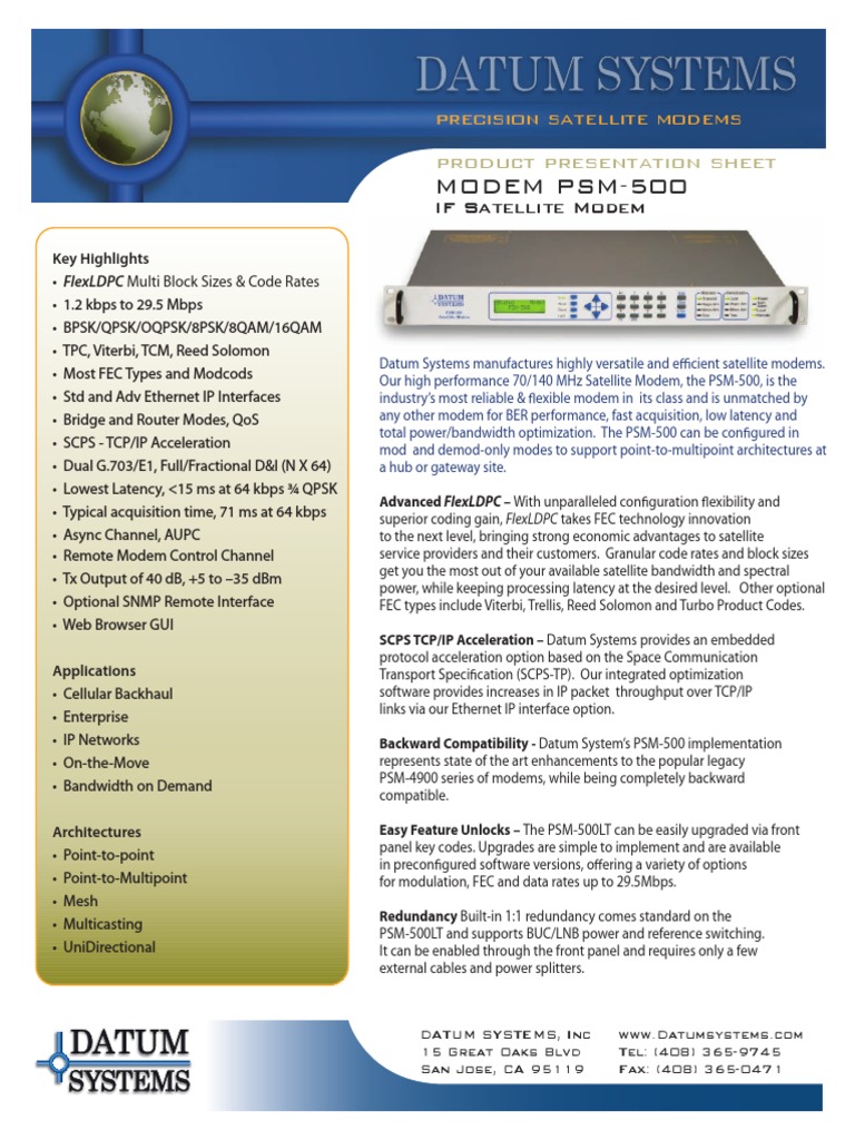 Datum PSM-500 Datasheet | PDF | Multicast | Modem