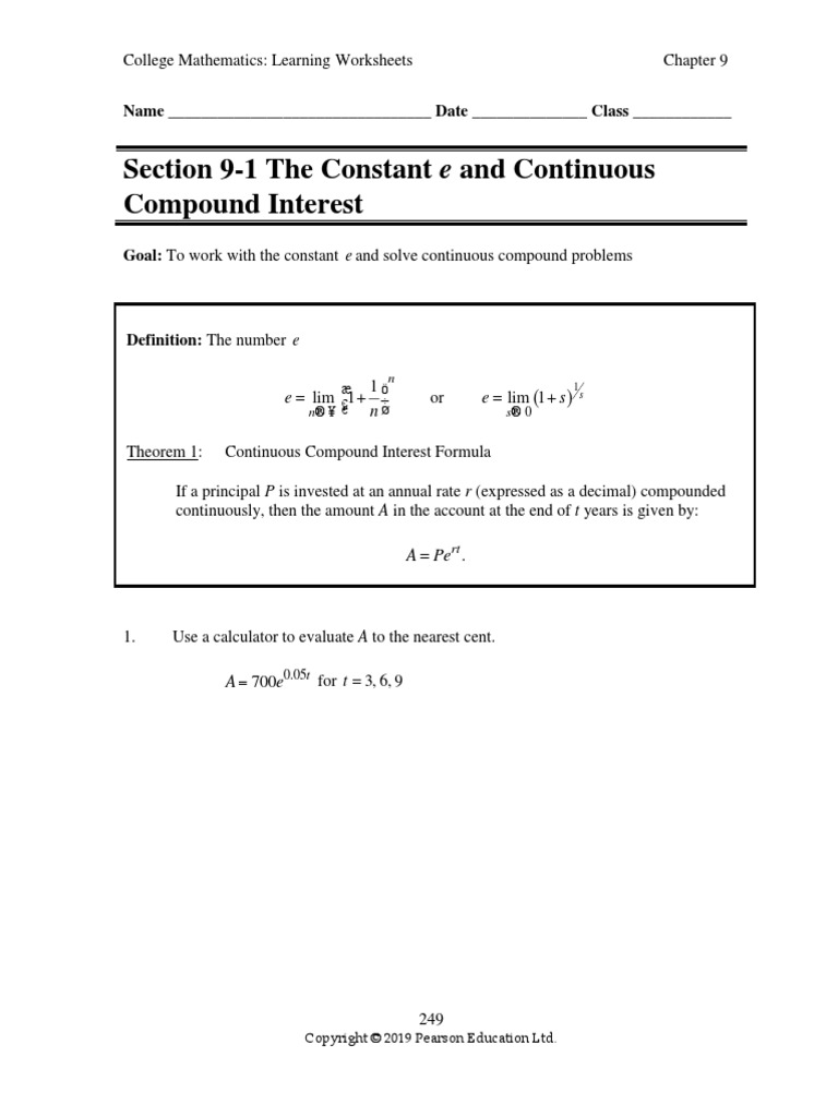 Section 9-1 The Constant e and Continuous Compound Interest | PDF ...