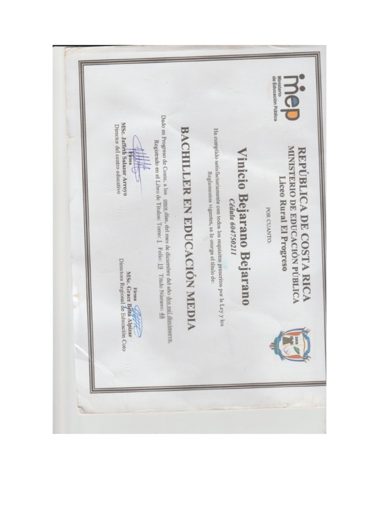 Carta y Titulo de Vinicio Bejarano | PDF