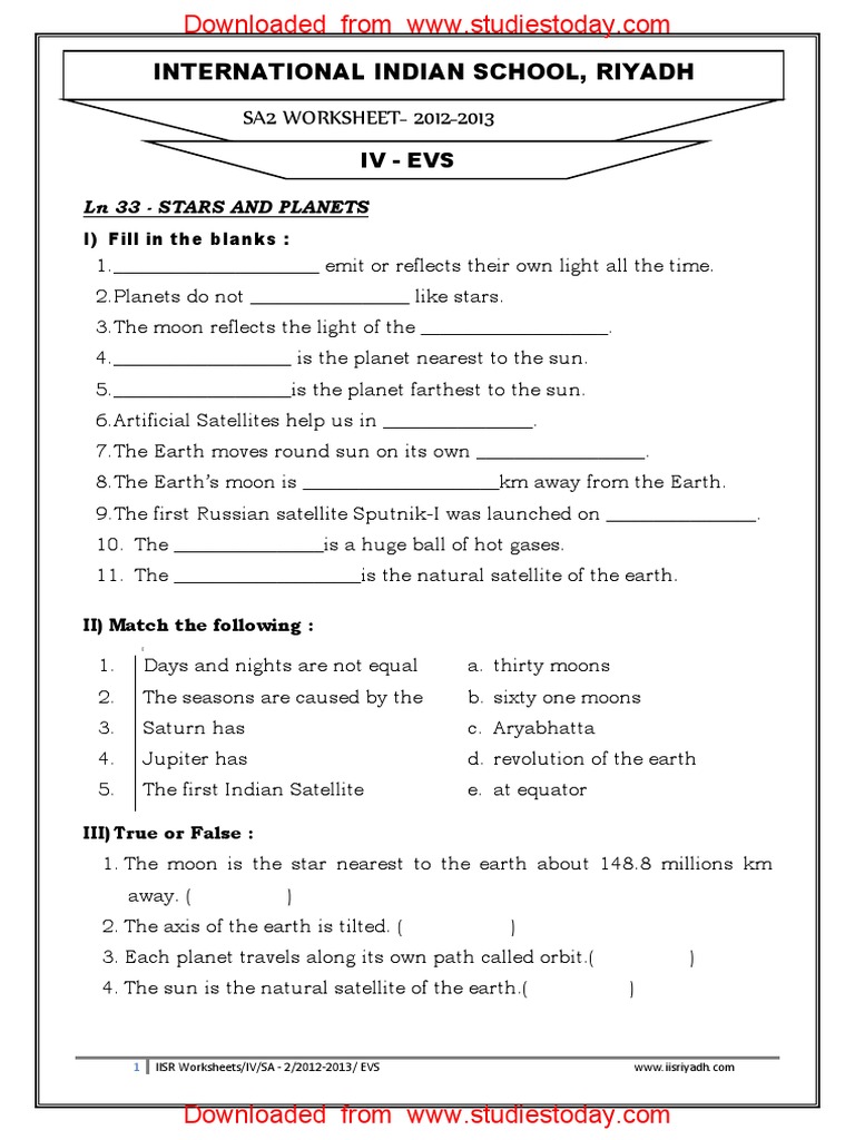 CBSE Class 4 EVS Revision Worksheet - Stars and Planets | PDF | Natural ...
