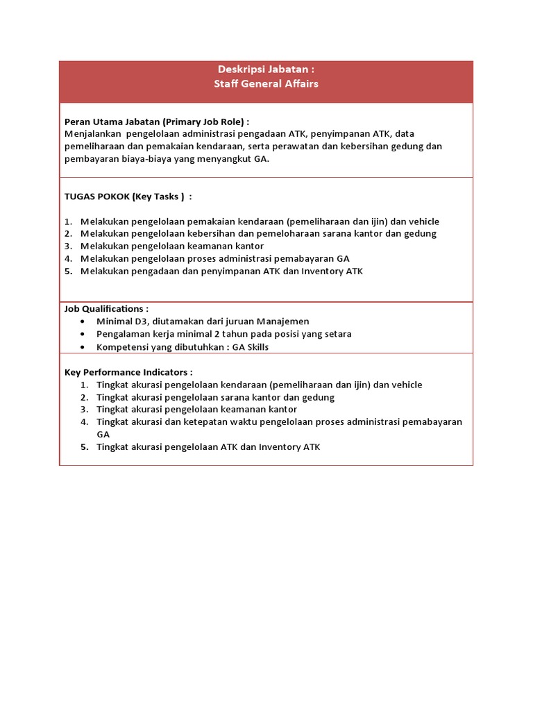 Deskripsi Jabatan Staff GA | PDF | Bisnis | Komputer