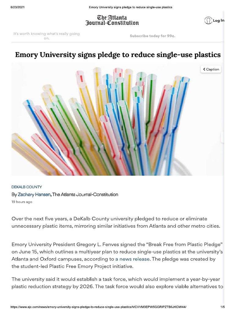 Emory University Signs Pledge To Reduce Single-Use Plastics | PDF