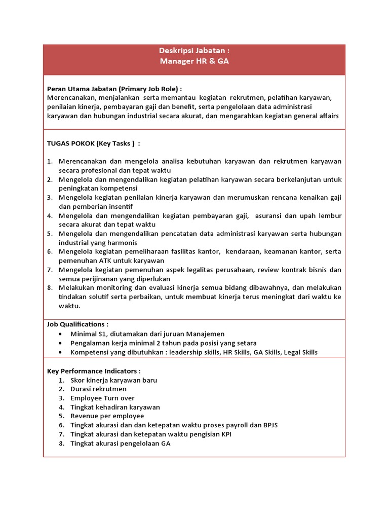 Deskripsi Jabatan Manager HR & GA | PDF