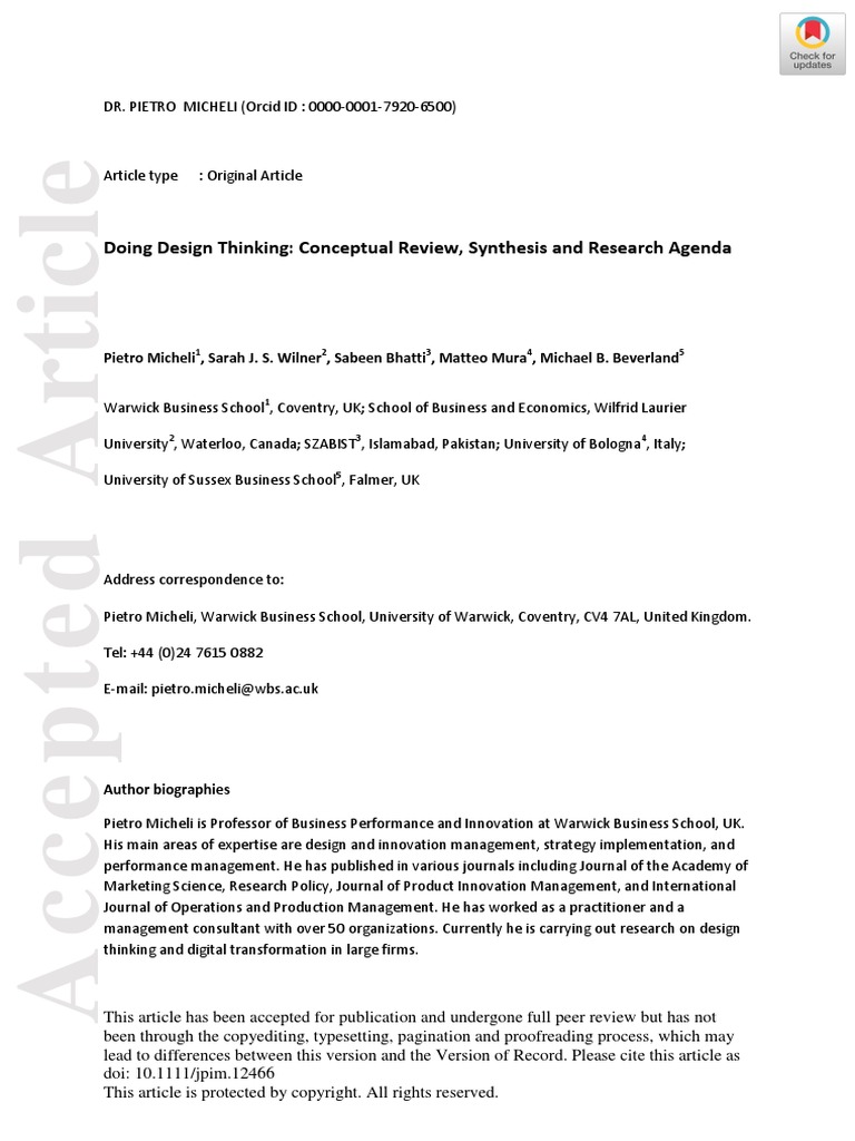 Doing Design Thinking Conceptual Review, Synthesis and Research Agenda ...