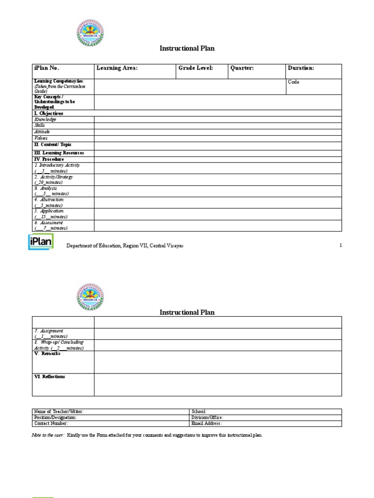 Instructional Plan: Iplan No. Learning Area: Grade Level: Quarter: Duration | PDF