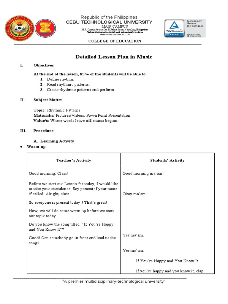 Grade 1 Rhythm Lesson Plan | PDF | Rhythm | Lesson Plan