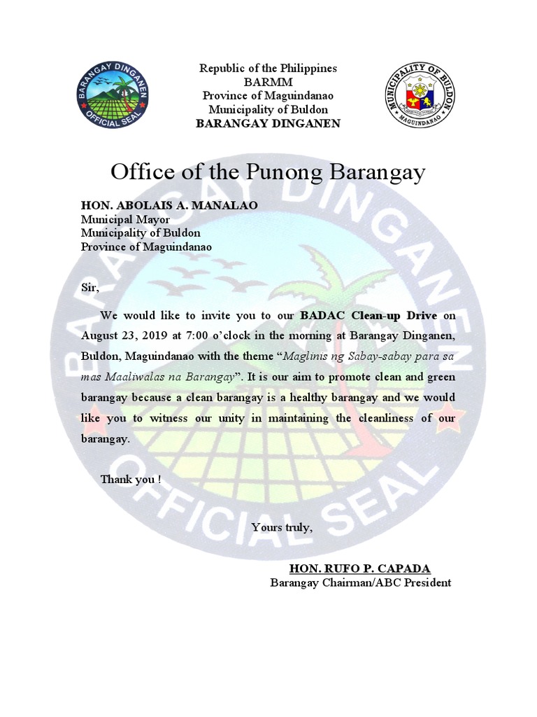 Barangay Dinganen Clean-up Drive Invitation | PDF | Cooking, Food & Wine