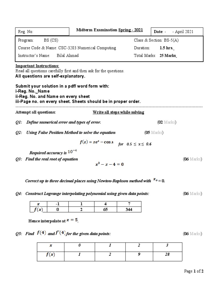 Reg. No: Midterm Exam - BS(CS) CSC-3203 Numerical Computing 1.5 hrs Spring 2021 | PDF