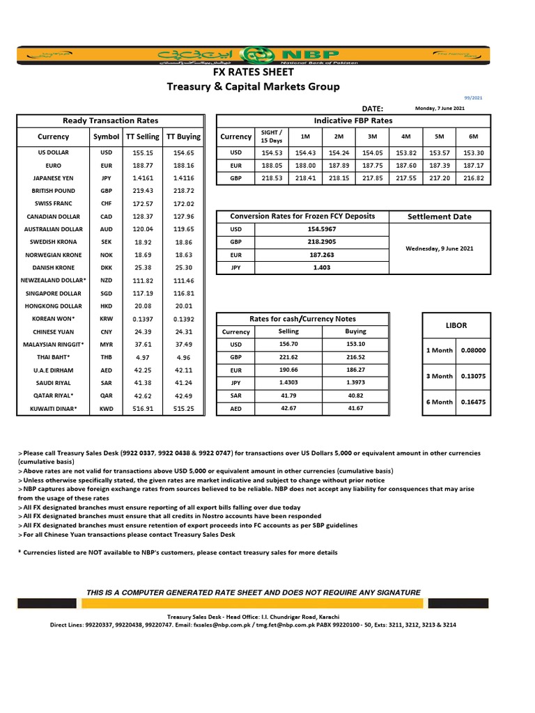 Foreign Exchange Rates Sheet - June 2021 | PDF | Japanese Yen | Renminbi