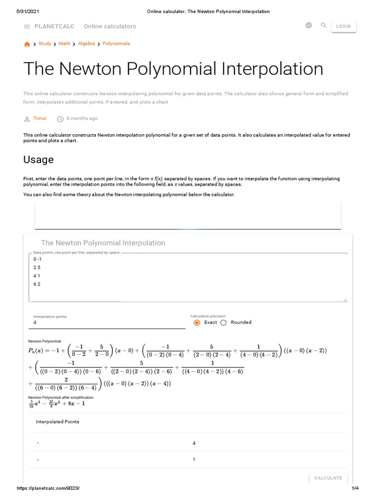 Online Calculator - The Newton Polynomial Interpolation | PDF