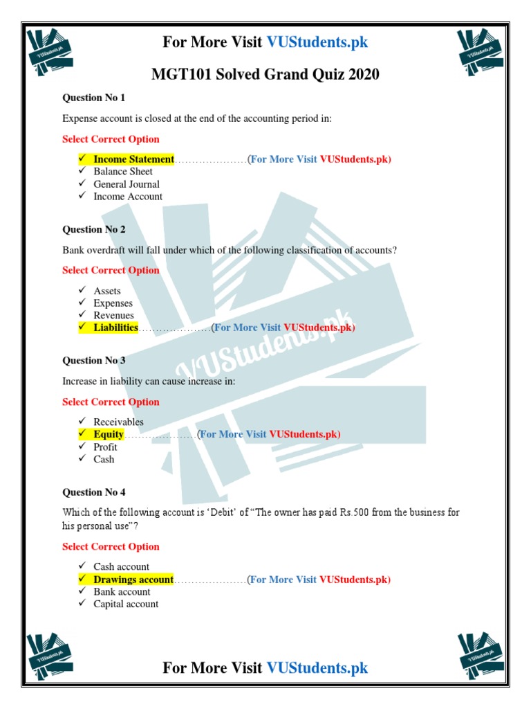 MGT101 Solved Grand Quiz 2020 | PDF | Debits And Credits | Corporations MGT101 Solved Grand Quiz 2020 | PDF | Debits And Credits | Corporations