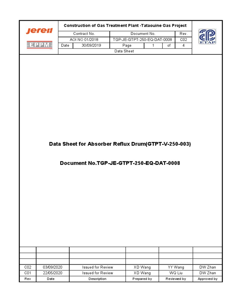 Data Sheet For Absorber Reflux Drum (GTPT-V-250-003) | PDF | Mechanical ...