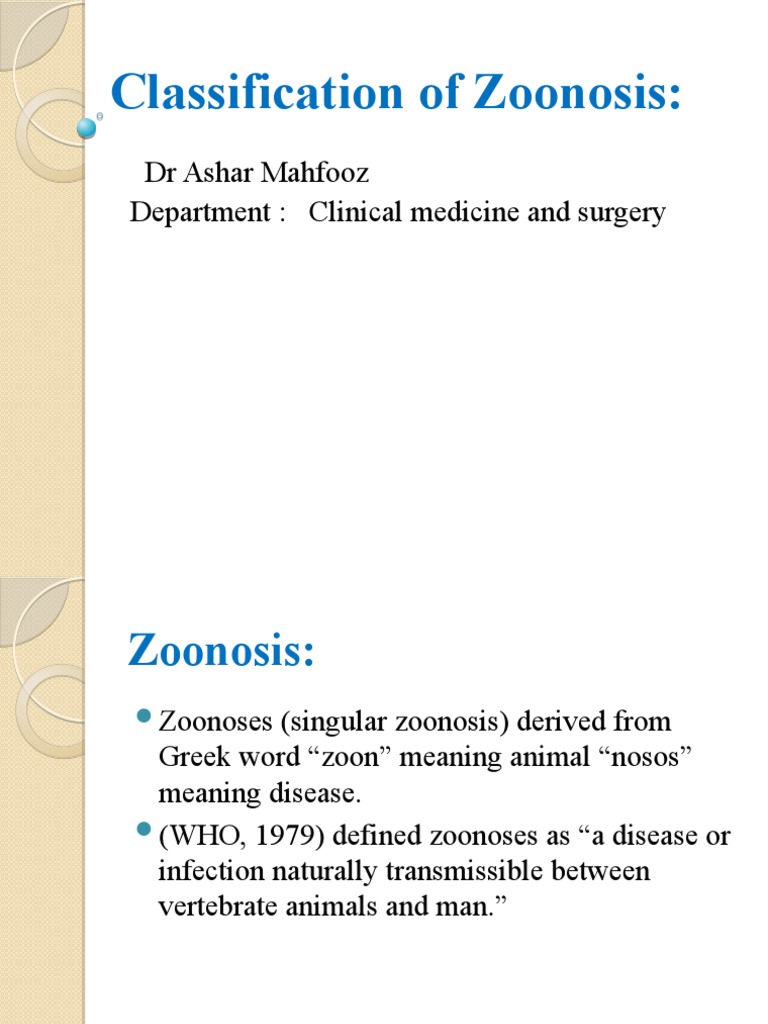 Classification of Zoonosis:: DR Ashar Mahfooz Department: Clinical ...