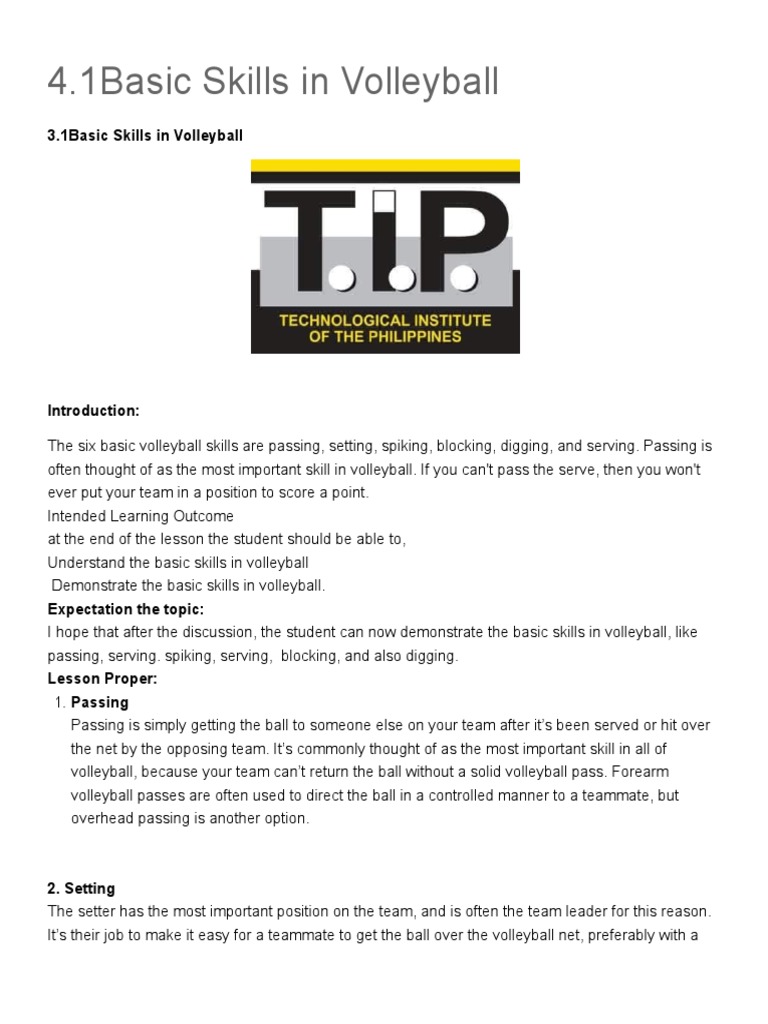 4.1basic Skills in Volleyball - PE 202-CE22S2 - Physical Education 4 ...