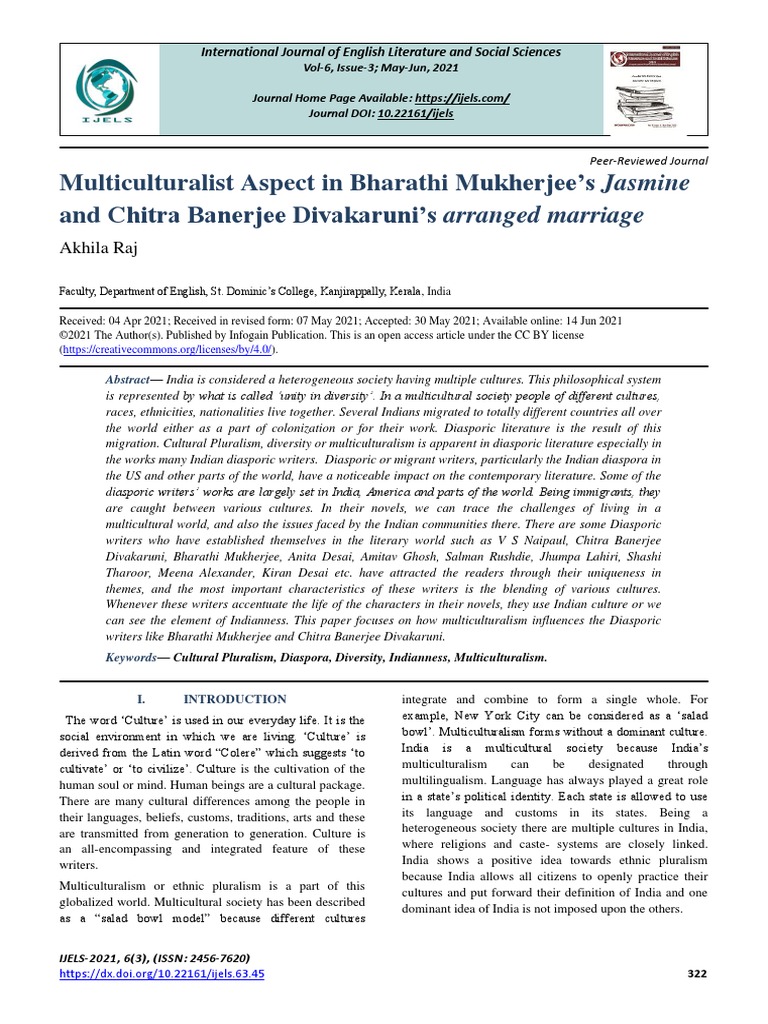 Multiculturalist Aspect in Bharathi Mukherjee's Jasmine and Chitra ...