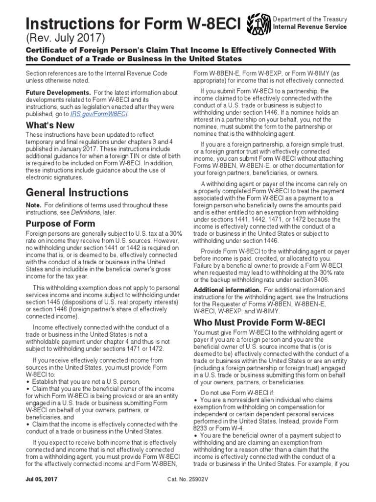 Instructions For Form W-8ECI: (Rev. July 2017) | Download Free PDF ...