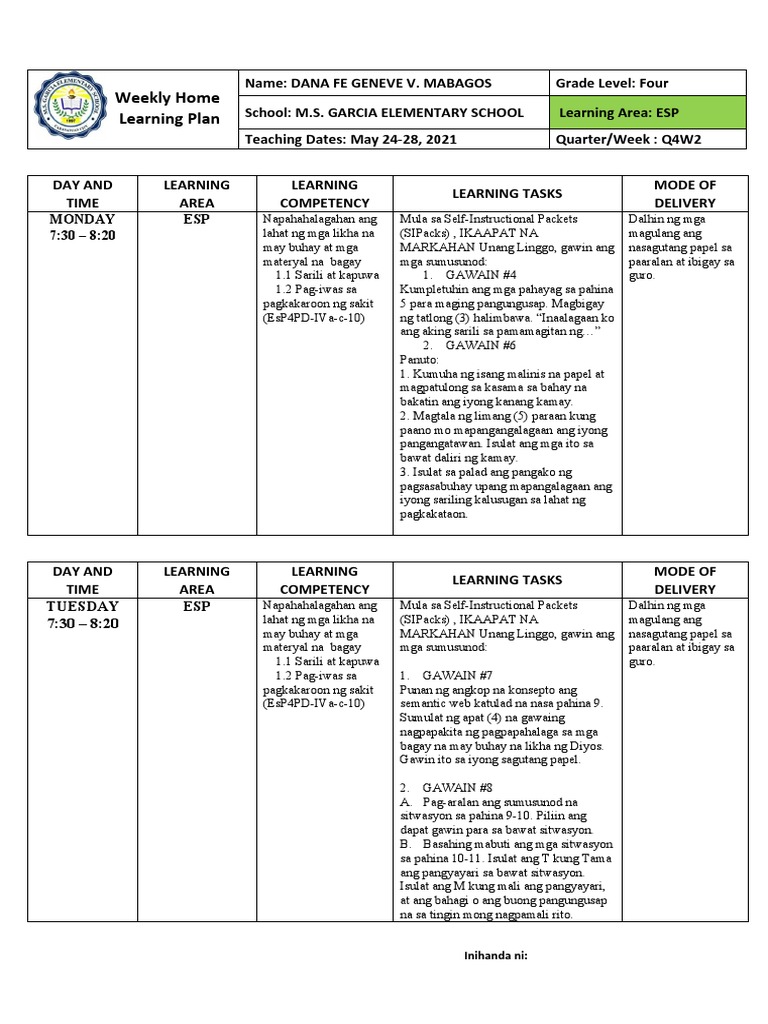Weekly Home Learning Plan Esp 4 - q4w2 | PDF