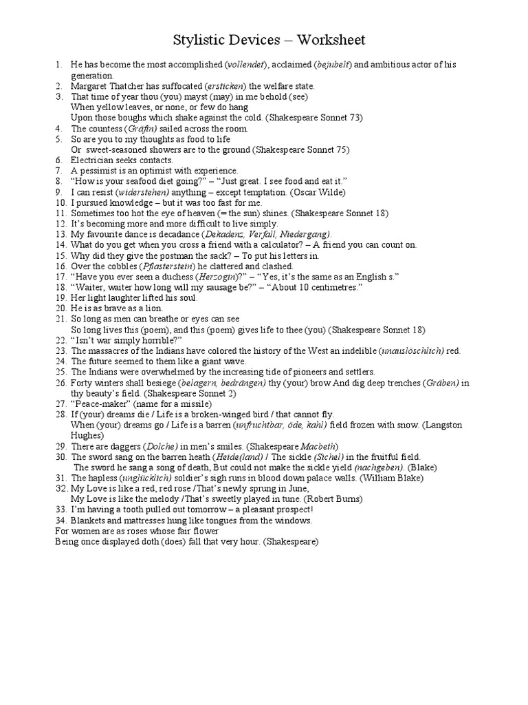 14 Stylistic Devices Worksheet + Solution | PDF | Poetic Devices | Poetry