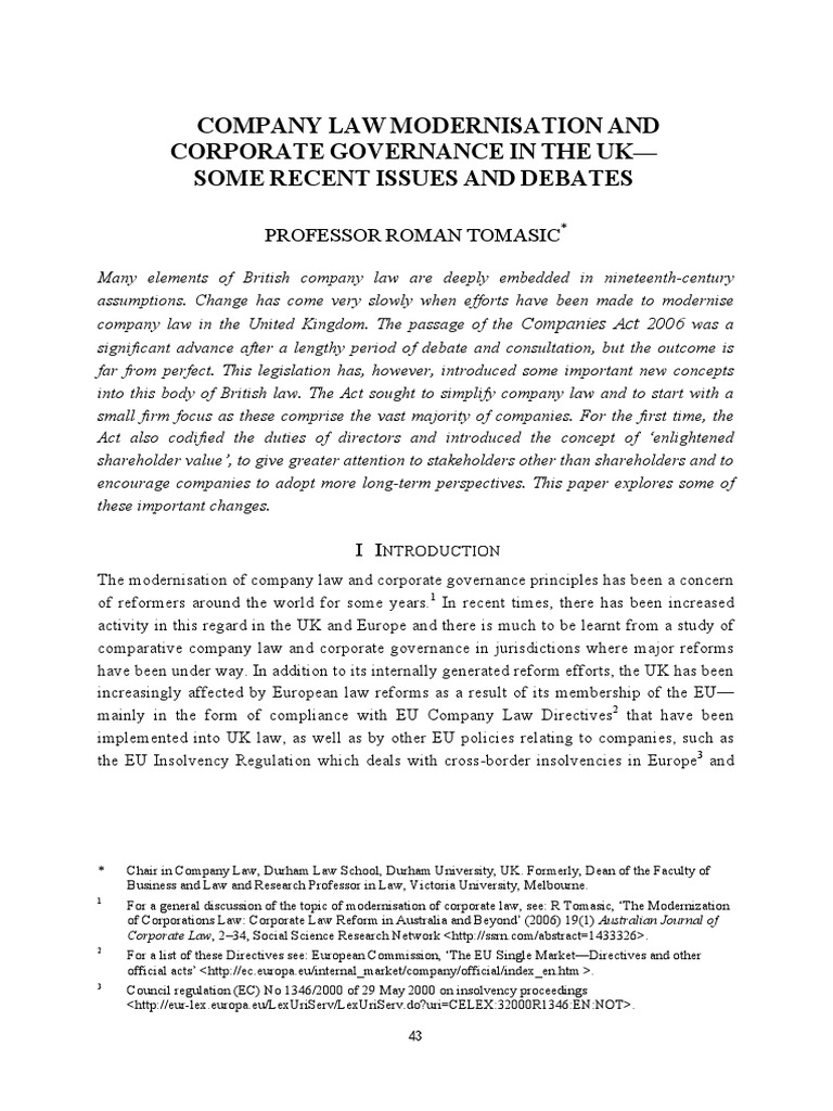 Company Law Modernisation and Corporate Governance | PDF | Corporate ...