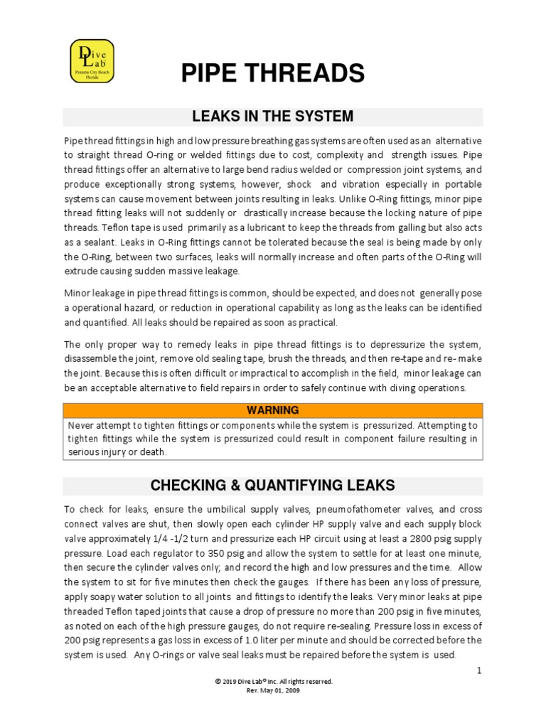 Dive Lab Pipe Threads | PDF | Leak | Pipe (Fluid Conveyance)