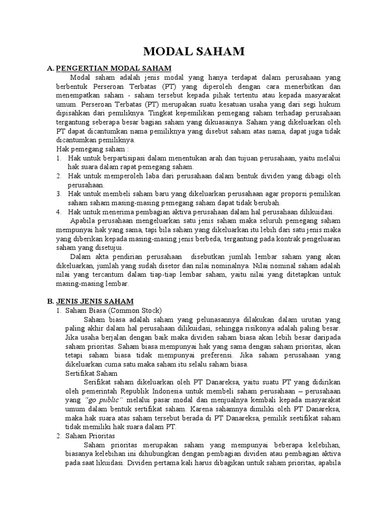 Pengertian dan Jenis Modal Saham | PDF