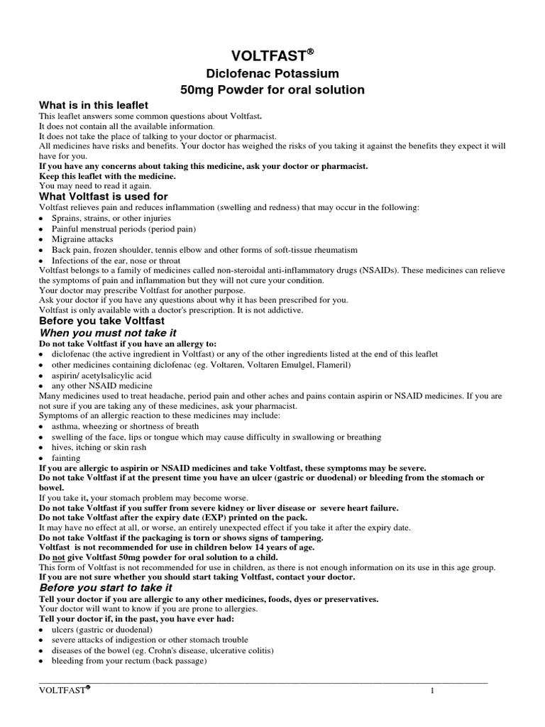 Voltfast: Diclofenac Potassium 50mg Powder For Oral Solution | PDF ...