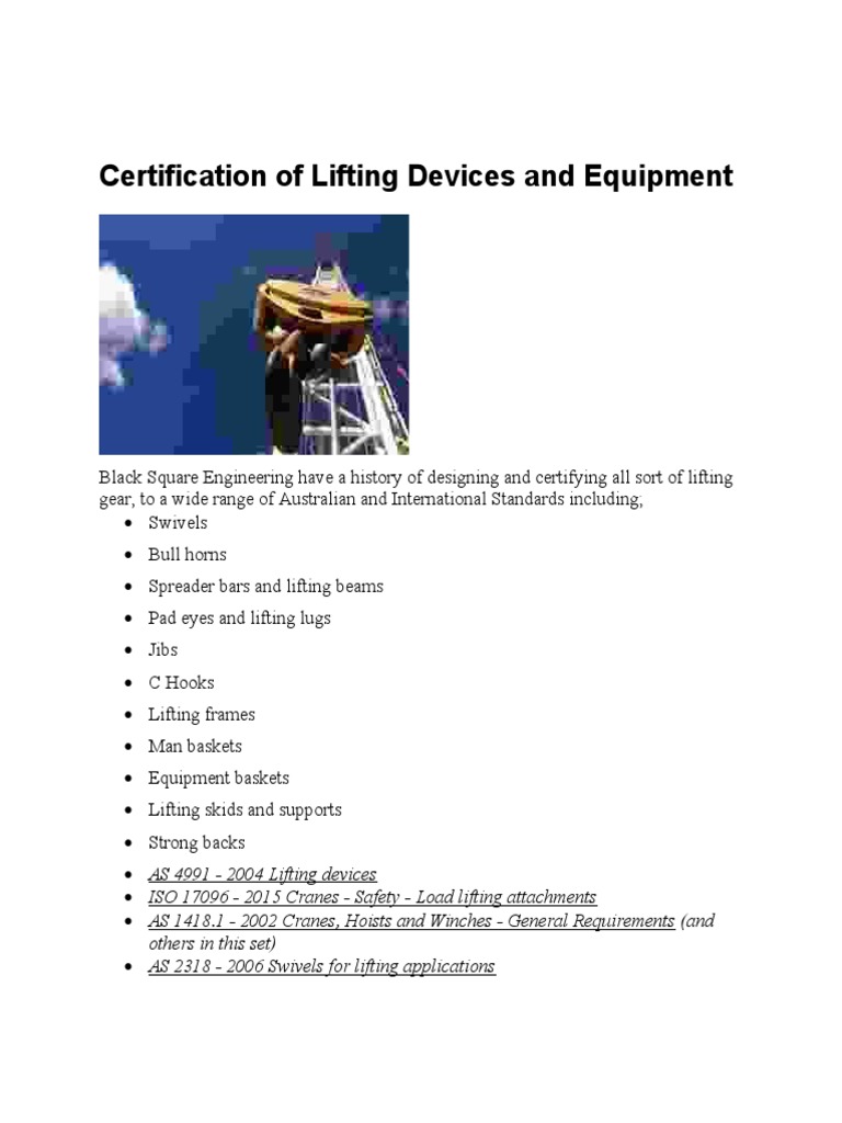 Certification of Lifting Devices and Equipment AS 4991 | PDF ...