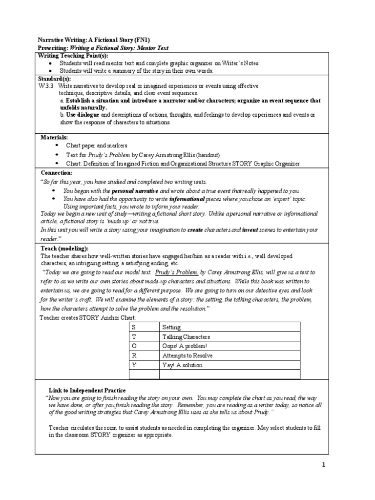 Narrative Writing: A Fictional Story (FN1) Prewriting: Writing A ...