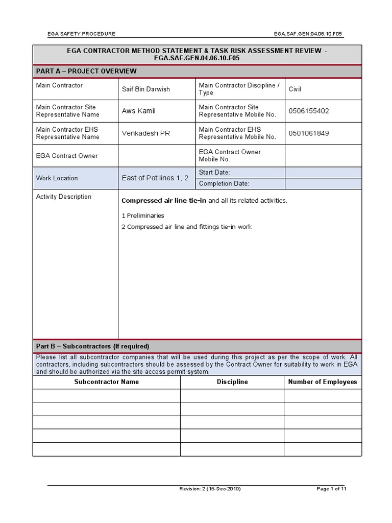 Task Risk Assessment For (Compressed Air Line Tie-In) | PDF | Personal ...