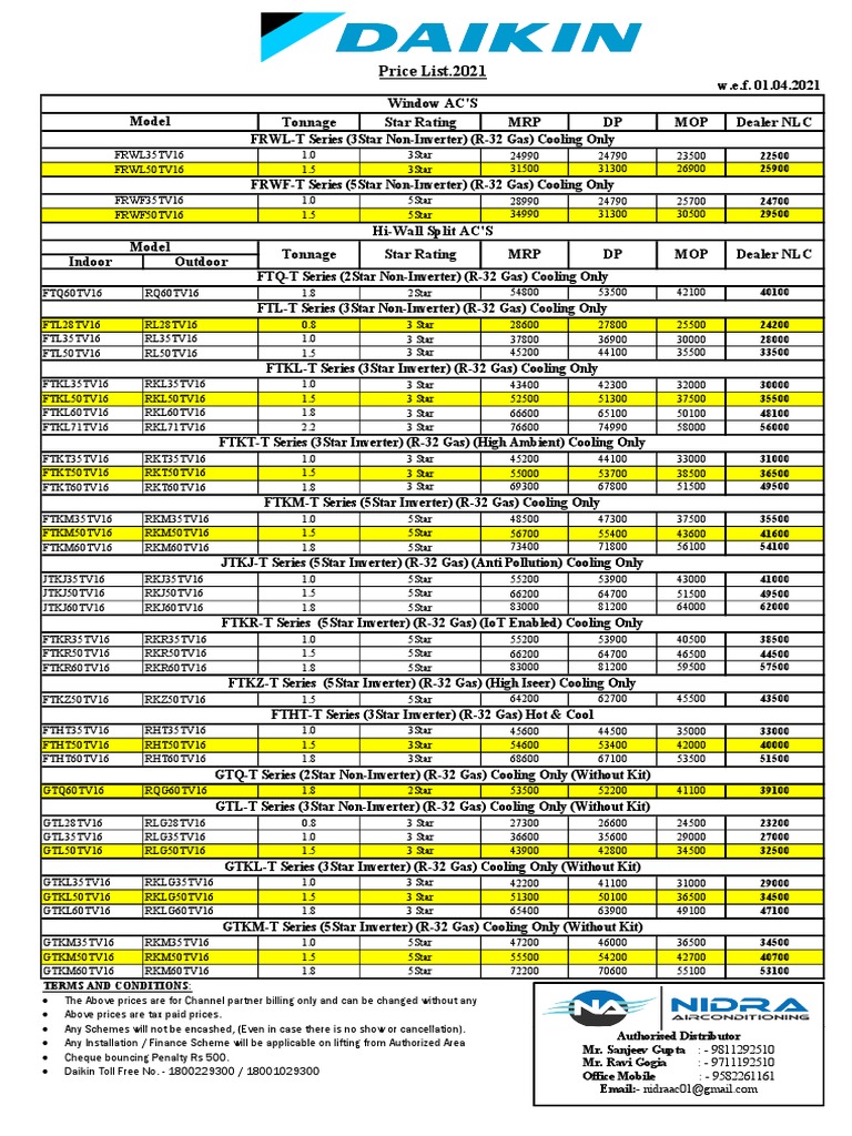 Air conditioner price list store