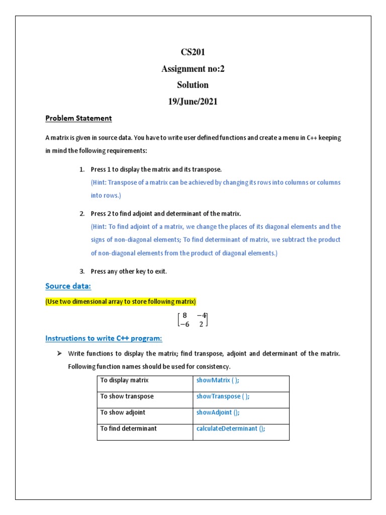 CS201 Assignment # 1 Solution 2021 | PDF | Matrix (Mathematics ...