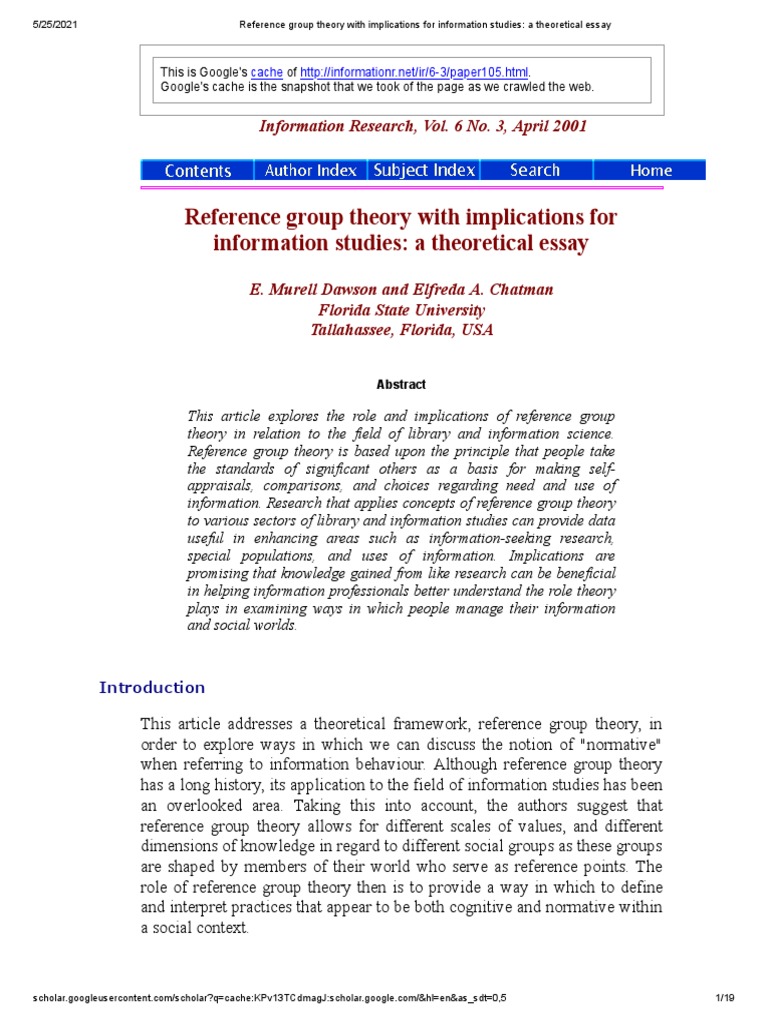 Reference Group Theory With Implications For Information Studies A 