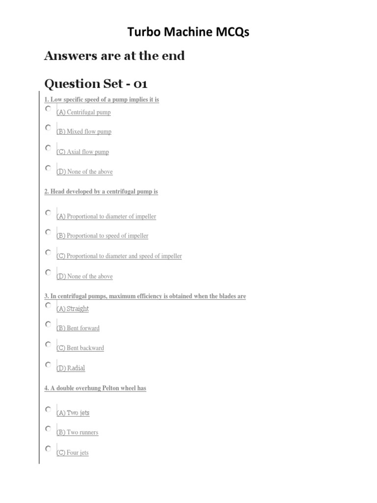 Turbo Machine MCQS: Answers Are at The End Question Set - 01 | PDF ...