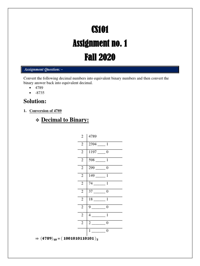 Cs101 Assignment No 1 Solution Fall 2020 Pdf Decimal Notation